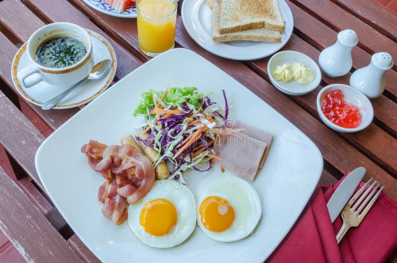Set of American Breakfast on Wood Table Stock Image - Image of hungry ...