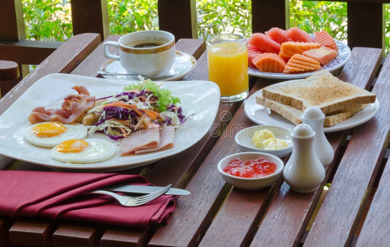 Set of American Breakfast on Wood Table Stock Image - Image of hungry ...