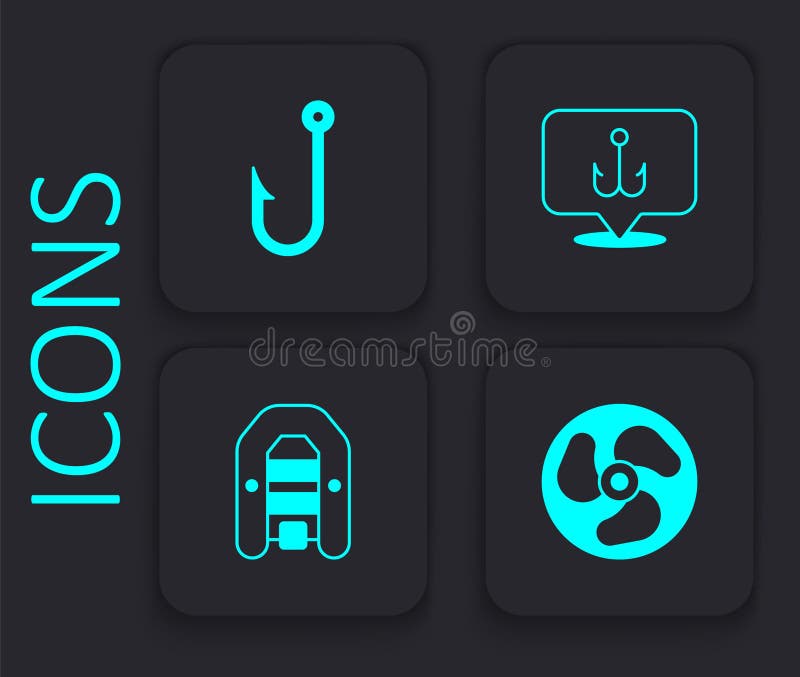 Set Outboard Boat Motor, Fishing Hook, and Inflatable with Icon. Black ...