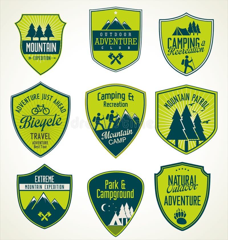 Set of Outdoor Adventure Retro Labels Stock Illustration - Illustration ...
