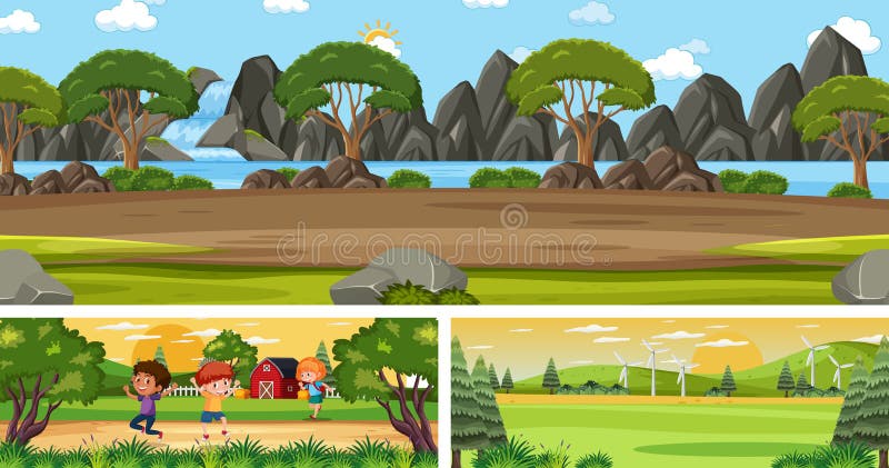 Set of Outdoor Panoramic Landscape with Cartoon Character Stock Vector ...