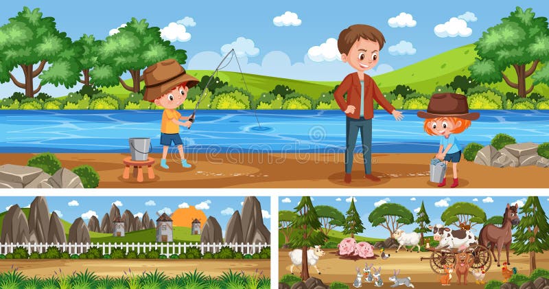 Set of Outdoor Panoramic Landscape with Cartoon Character Stock Vector ...