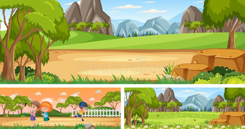 Set of Outdoor Panoramic Landscape with Cartoon Character Stock Vector ...