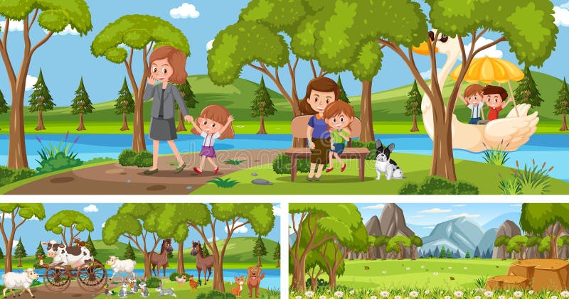 Set of Outdoor Panoramic Landscape with Cartoon Character Stock Vector ...