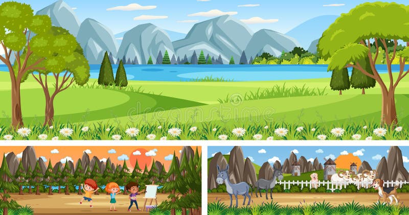 Set of Outdoor Panoramic Landscape with Cartoon Character Stock Vector ...