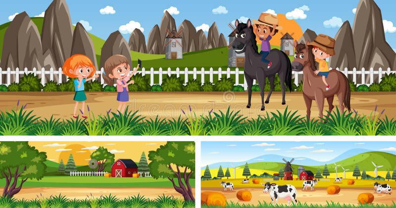 Set of Outdoor Panoramic Landscape with Cartoon Character Stock Vector ...