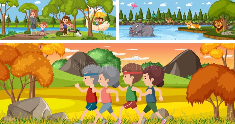 Set of Outdoor Panoramic Landscape with Cartoon Character Stock Vector ...