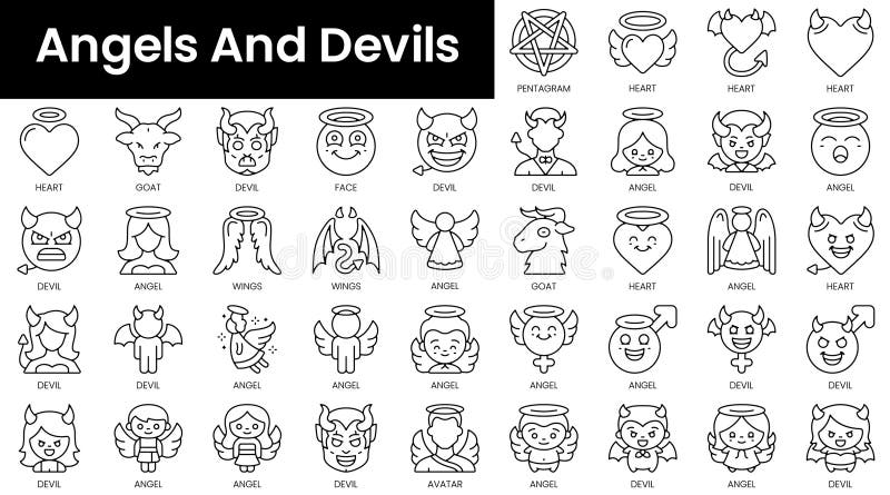 Set of Outline Angels and Devils Icons. Minimalist Thin Linear Web Icon Set Stock Vector ...