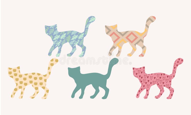 Set of Outline Cats with Different Patterns. Simple Cat Silhouette ...