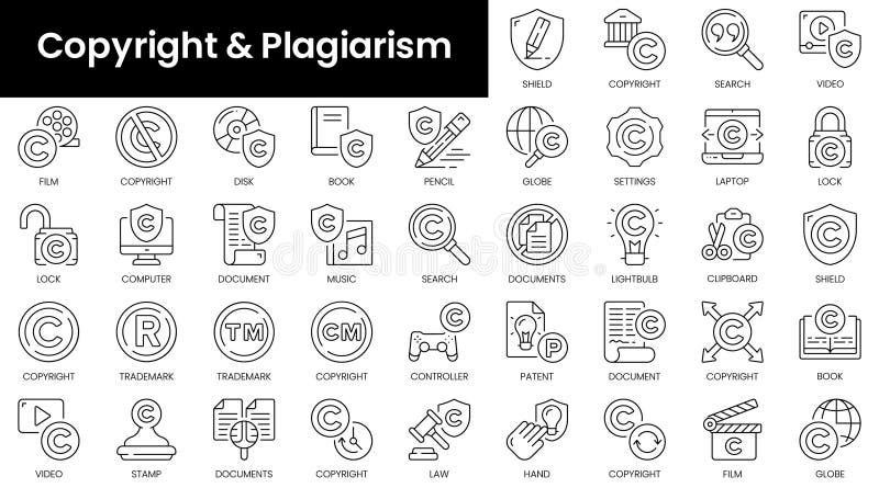 Set of Outline Copyright and Plagiarism Icons. Minimalist Thin Linear ...