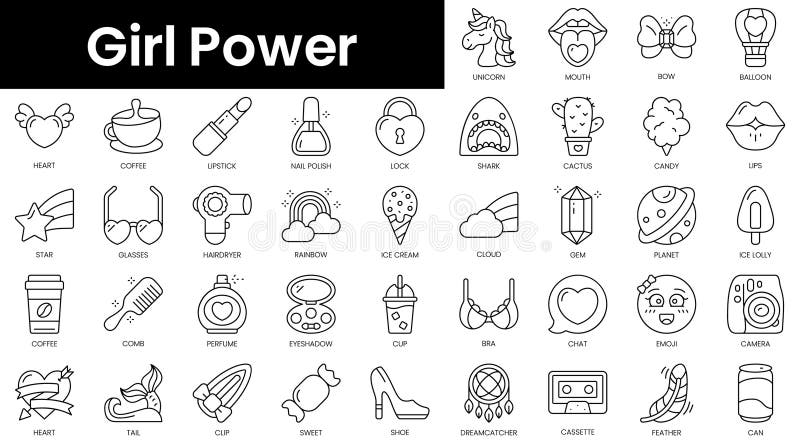 Set of Outline Girl Power Icons. Minimalist Thin Linear Web Icon Set ...