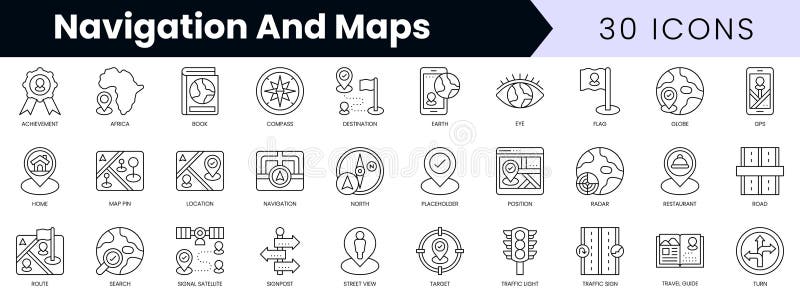 Set of Outline Navigation and Maps Icons. Minimalist Thin Linear Web ...