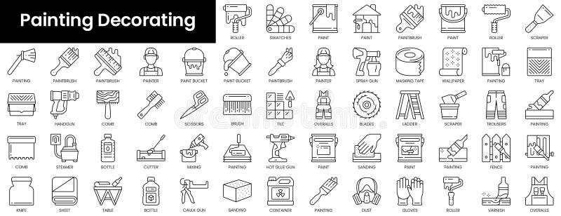 Set of Outline Painting Decorating Icons. Minimalist Thin Linear Web ...