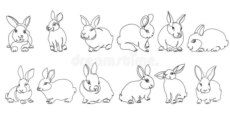 Set of Outline Rabbits, Symbol of Easter or Eastern Horoscope One Line ...