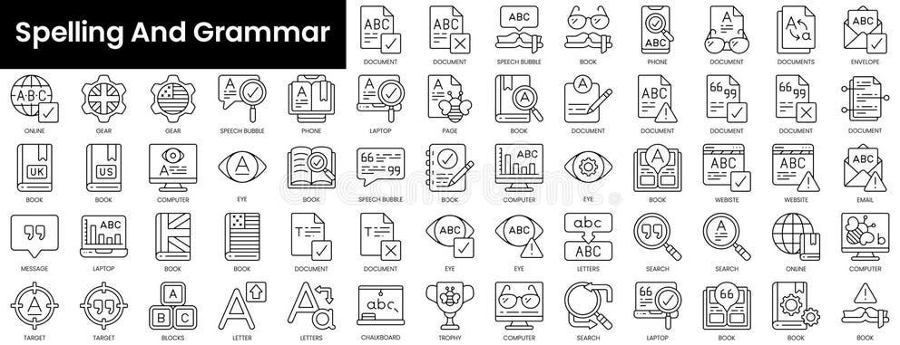Set of Outline Spelling and Grammar Icons. Minimalist Thin Linear Web ...