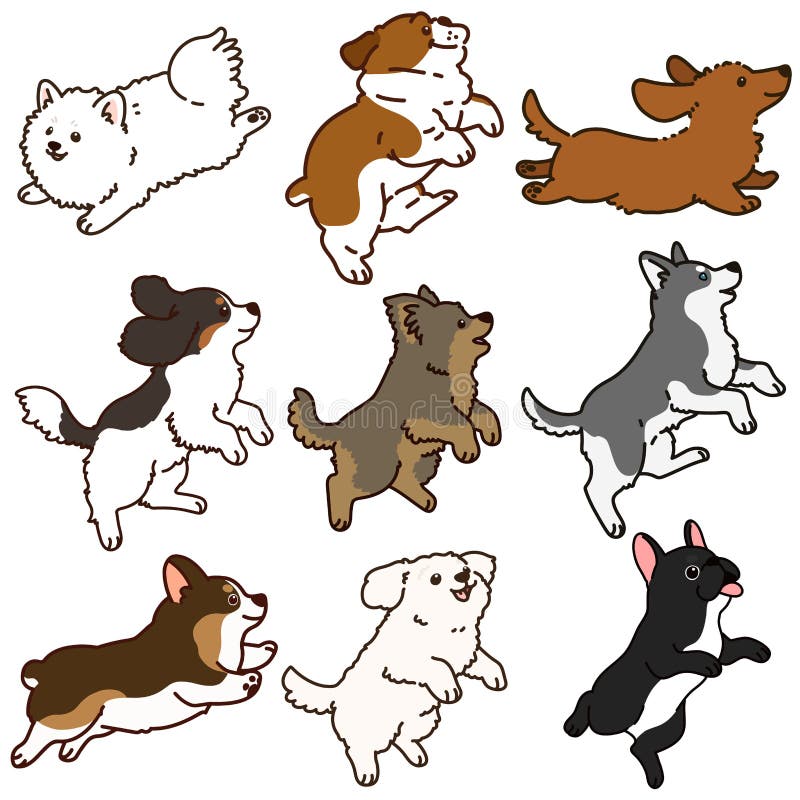 Set of Outlined Cute and Simple Dogs Jumping in Side View Stock Vector ...