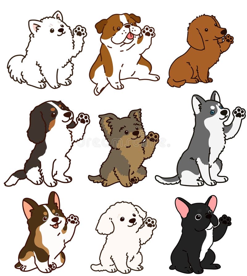 Set of Outlined Cute and Simple Dogs Sitting and Waving Hand Stock ...