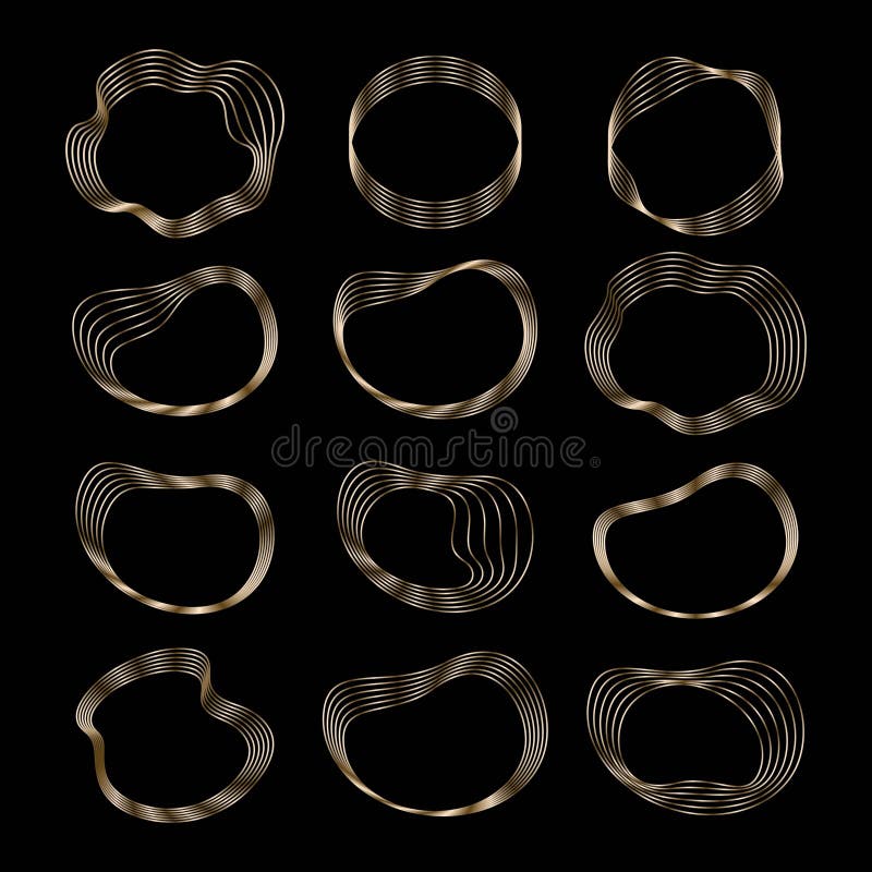 Set of Oval Wavy Golden Frames on a Black Background, Gold Elements in ...