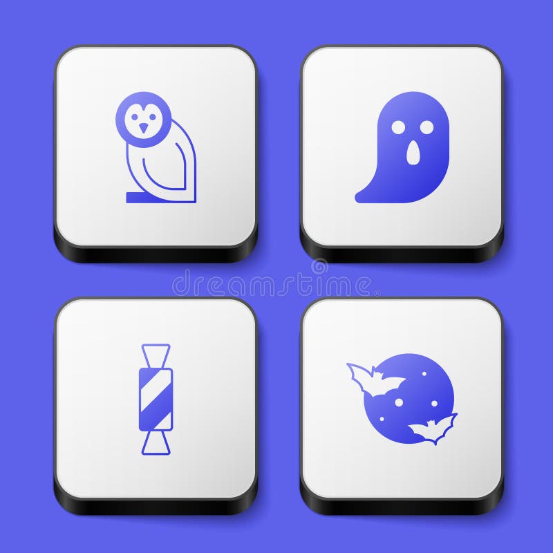 Set Owl Bird, Ghost, Candy and Moon Stars Icon. White Square Button ...