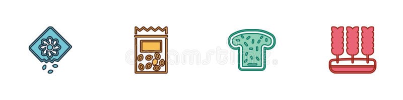 Set Pack Full of Seeds of Plant, , Bread Toast and Wheat Icon. Vector ...