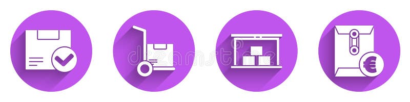 Set Package Box with Check Mark, Hand Truck and Boxes, Warehouse and ...
