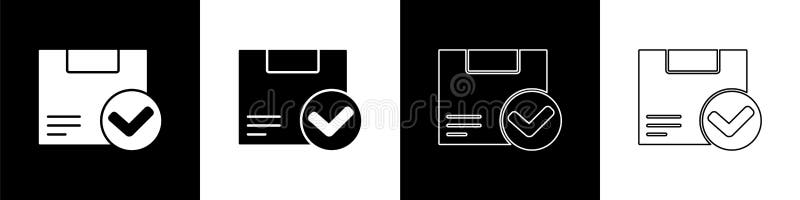 Set Package Box with Check Mark Icon Isolated on Black and White ...