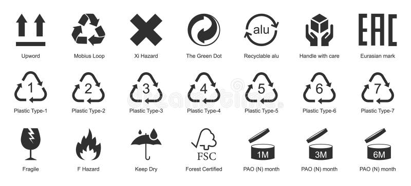 Set of Packaging Icons in Black. Recycling Symbols Collection Stock ...