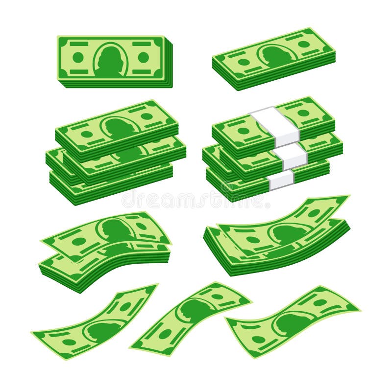 Set of Packs Paper Money. Dollar Bills. Stack of Currency Banknotes ...