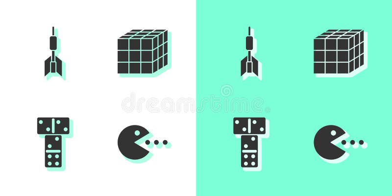 Set Pacman Con Eat Dart Arrow Domino Y Rubik Cube Icon. Vector ...
