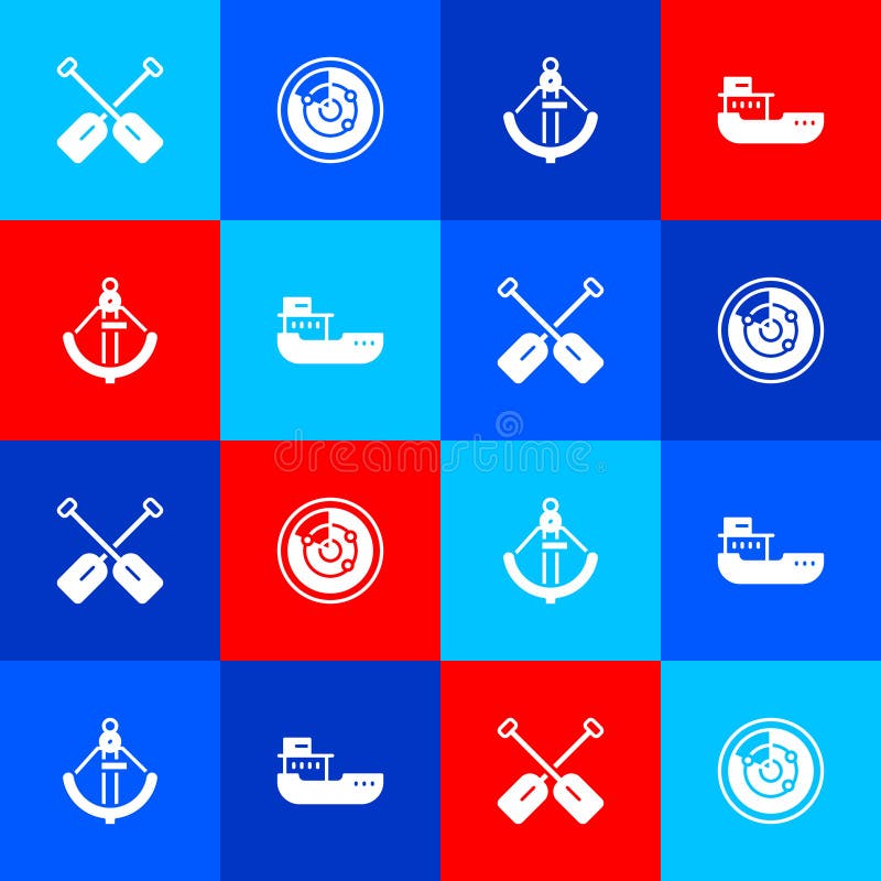Set Paddle, Radar with Targets, Anchor and Cargo Ship Icon. Vector ...