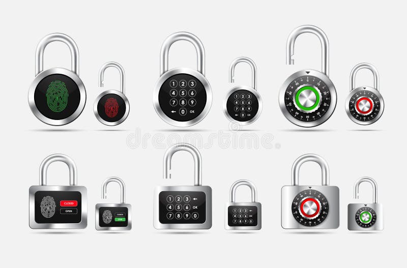 Set Padlock Round and Square, Closed and Open with Different Types of ...