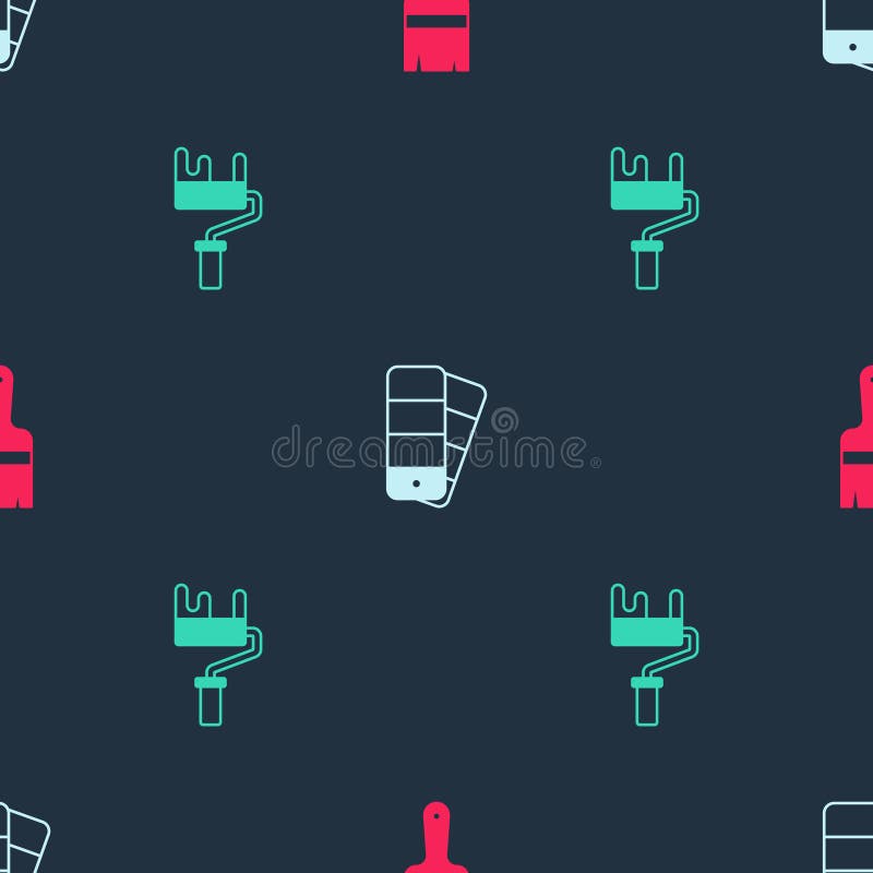 Set Paint Brush, Color Palette Guide and Roller on Seamless Pattern ...