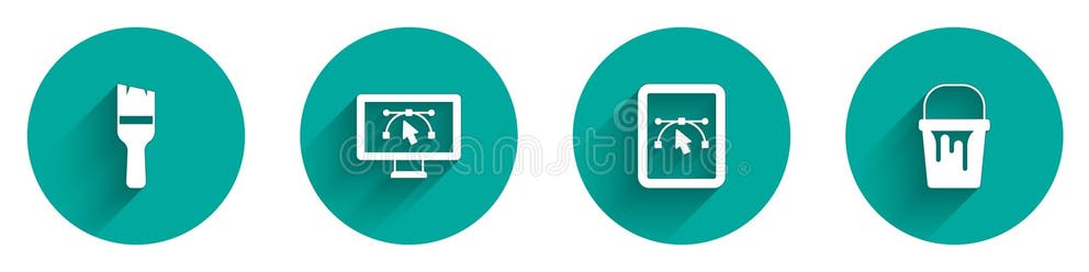 Set Paint Brush, Computer with Design Program, and Bucket Icon with Long Shadow. Vector Stock ...