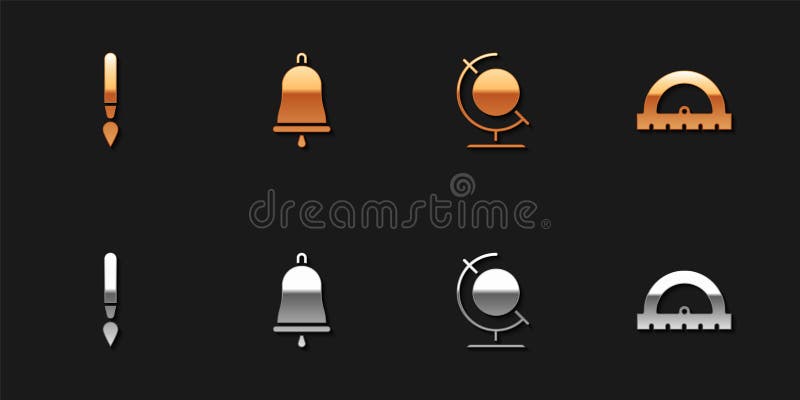 Set Paint Brush, Ringing Bell, Earth Globe and Protractor Icon. Vector ...