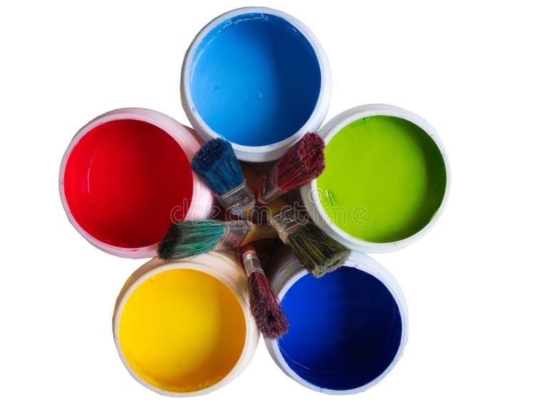 Set of Paint Containers of Different Colors with Paint Brushes in the ...