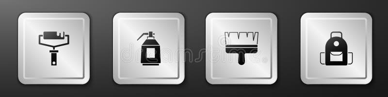 Set Paint Roller Brush, Spray Gun, and School Backpack Icon. Silver ... Set Paint Roller Brush, Spray Gun, and School Backpack Icon. Silver ...