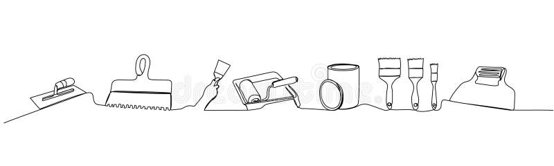 Set of Paint Roller and Brushes, Plaster Spatula, Repair Tools One Line ...