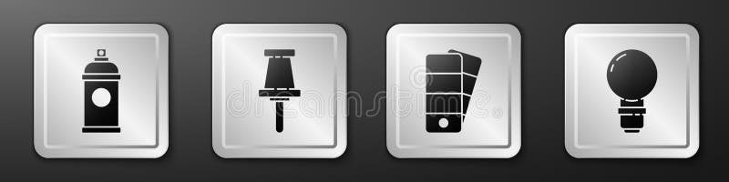 Set Paint Spray Can, Push Pin, Palette and Light Bulb Icon. Silver ...