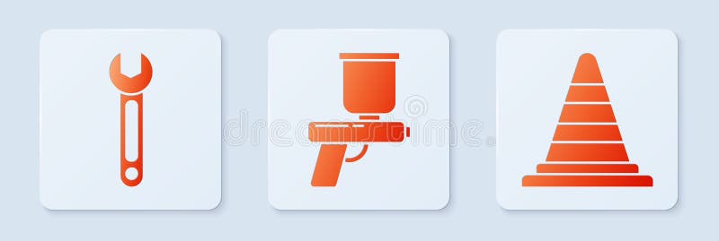 Set Paint Spray Gun, Wrench and Traffic Cone. White Square Button Stock ... Set Paint Spray Gun, Wrench and Traffic Cone. White Square Button Stock ...