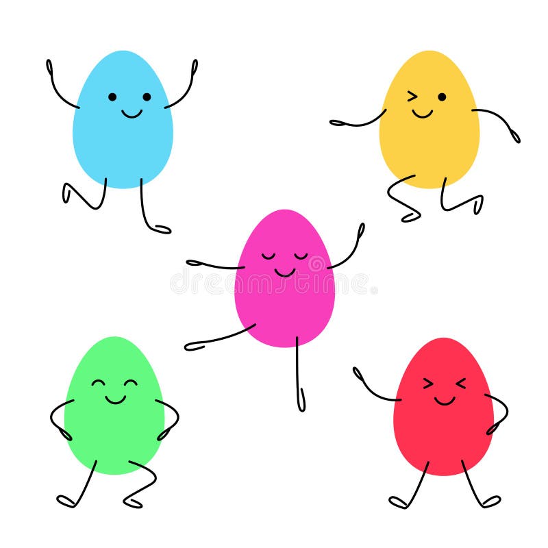 Set of Painted Easter Eggs with Faces. Colored Eggs Have Fun and Dance ...