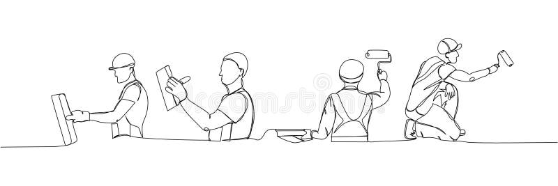 Set of Painter Paints a Wall with a Roller, Puttying Walls, Worker in ...