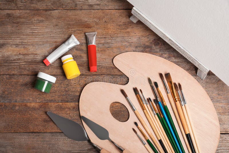 Set of Painting Tools for Children on Wooden Background Stock Photo ...