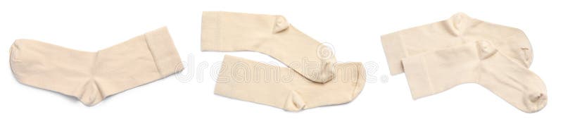 Set with Pairs of Beige Socks on White Background, Top View. Banner ...