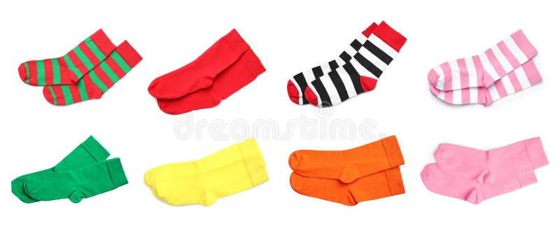 Set with Pairs of Different Color Socks on White Background, Top View ...
