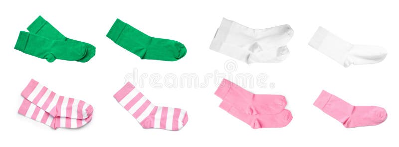 Set with Pairs of Different Color Socks on White Background, Top View ...