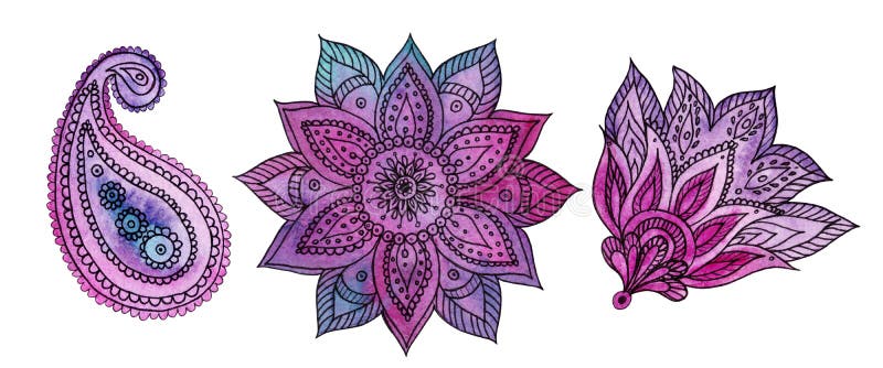 Set Paisley Style Hand-drawn Pattern. Watercolor Elements Stock ...