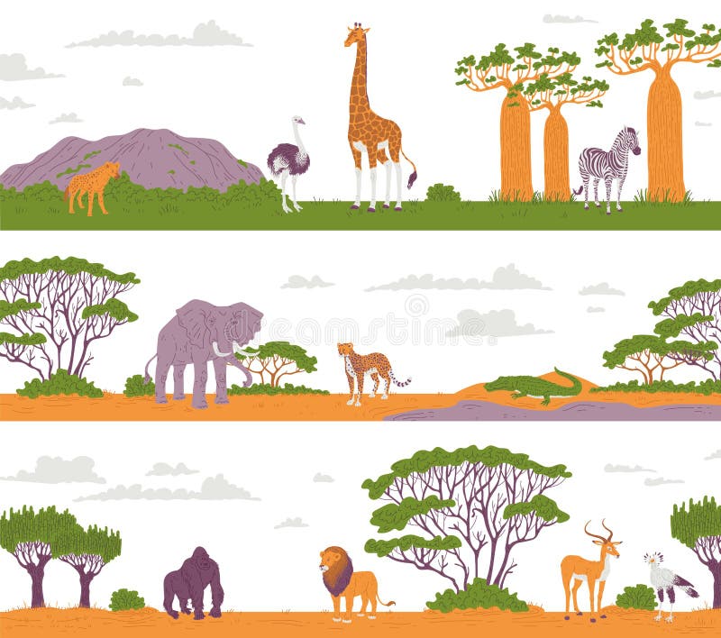 Set of Panoramic Scenes with African Animals and Trees Flat Style Stock ...