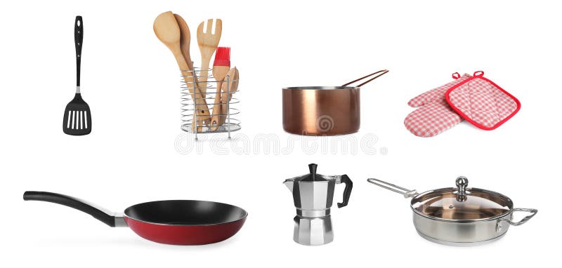 Set with Pans, Cookware and Kitchen Utensils on White Background Stock ...