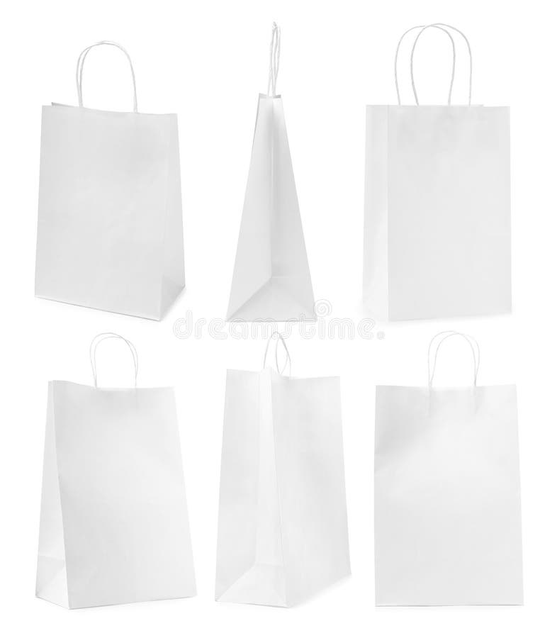 Set with Paper Bags on White Background Stock Image - Image of mock ...