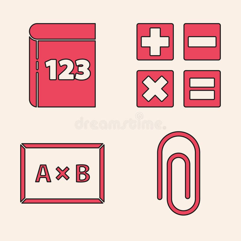Set Paper Clip, Book with Word Mathematics, Calculator and Chalkboard ...